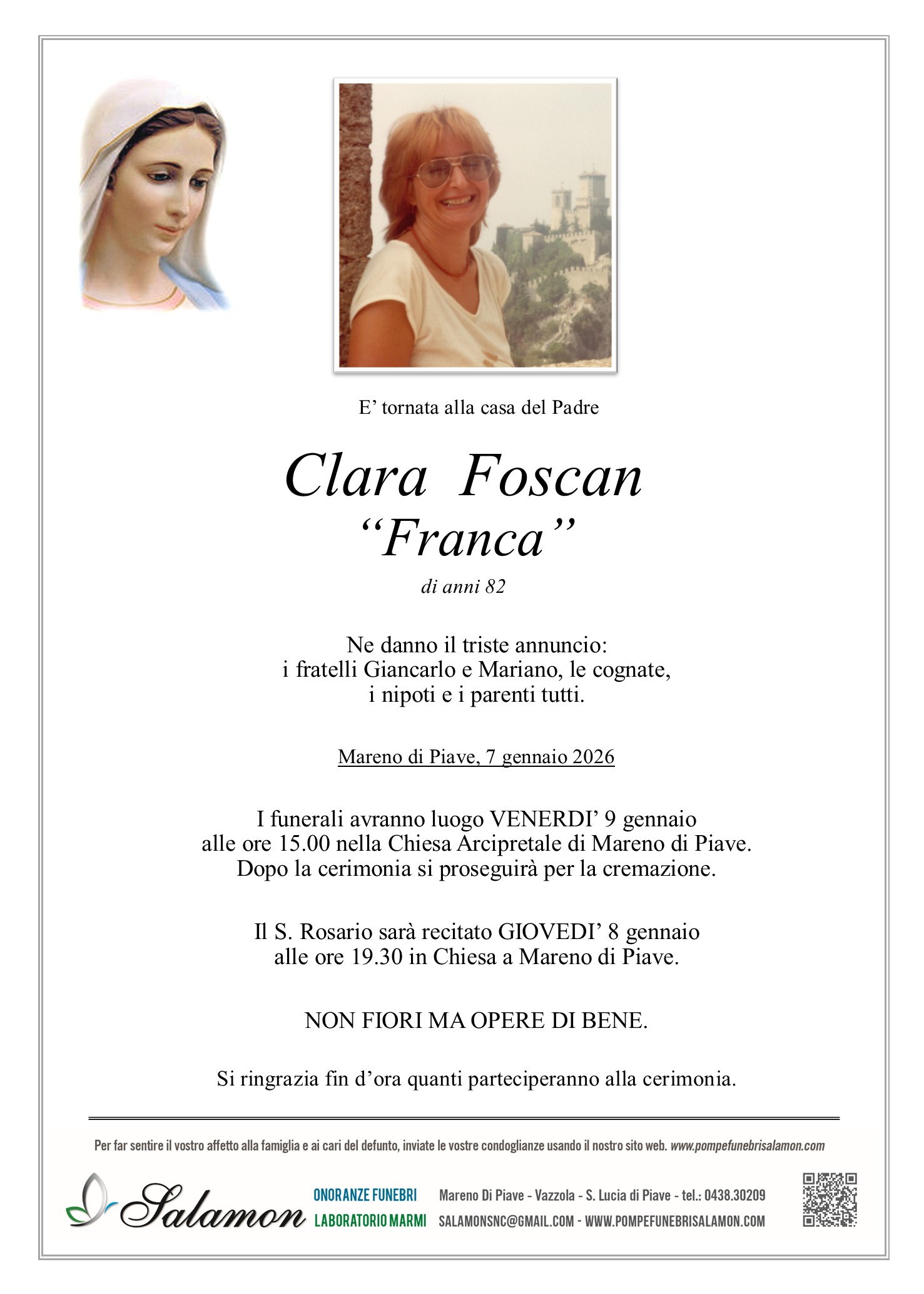 Foscan Clara "Franca" - Onoranze Funebri Salamon
